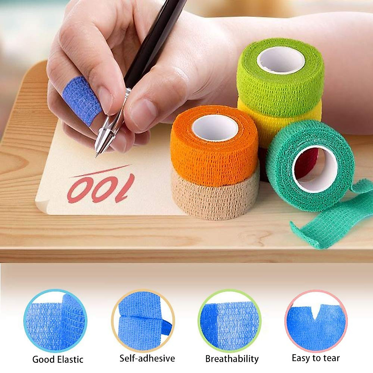 (12-Pack) 1” x 5 Yards | Self Adhesive Bandage Wrap, Kuvvfe Athletic Elastic Cohesive Bandage for Sports Injury,Strain,Knee & Wrist,Ankle Sprains & Swelling First Aid