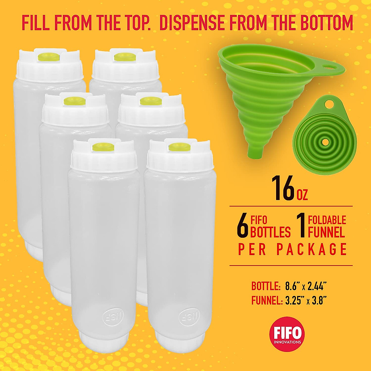 FIFO Squeeze Bottle Refillable (6 Pack) Yellow Dispenser for Most Condiments, Smooth Sauces, Ketchup, Mustard, BBQ and Dressing with Flexible Funnel (Yellow)