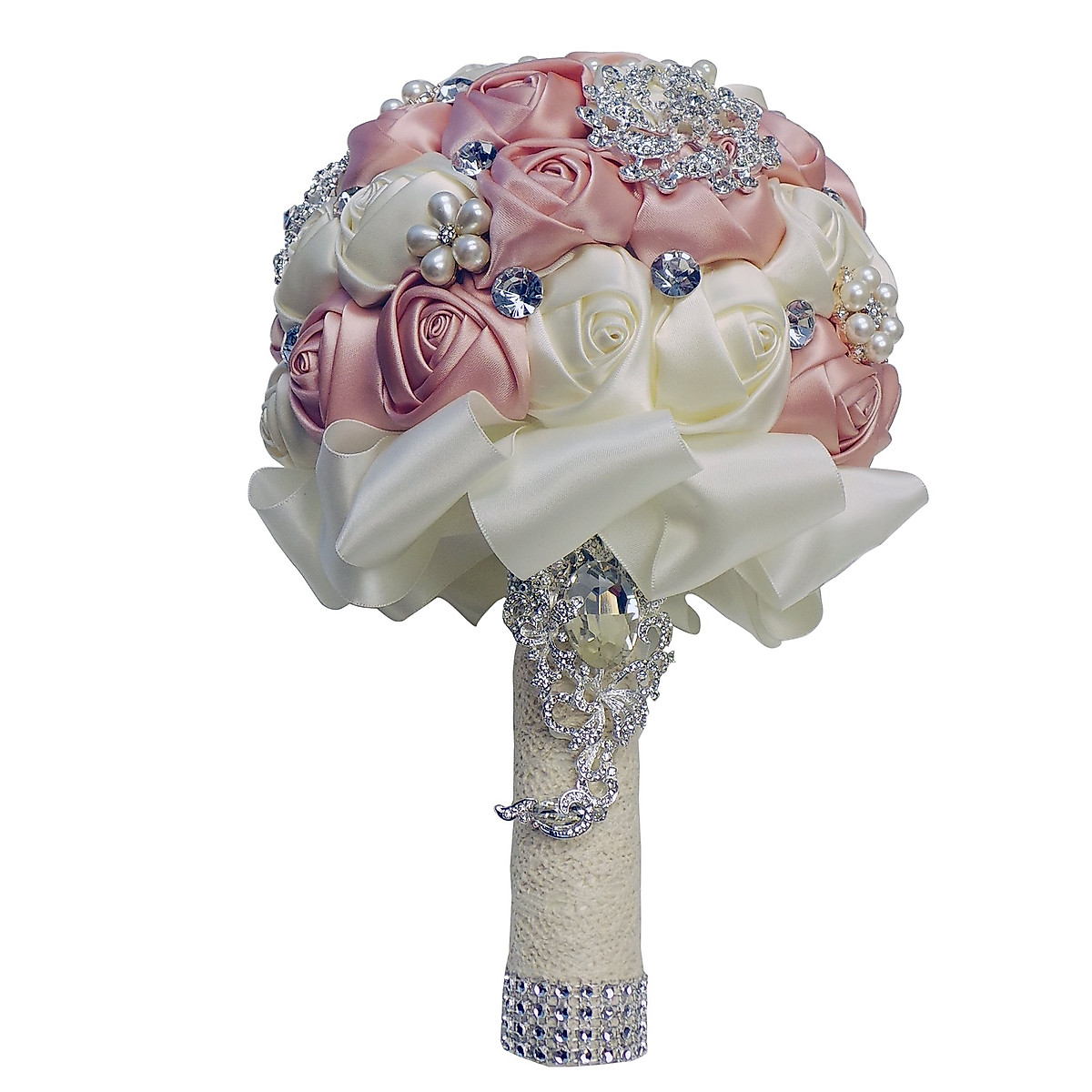 Abbie Home 8 Inches Bride Wedding Bouquet - Satin Roses with Pearls Rhinestone Brooches Accessories (Blush Pink & Creamy White)