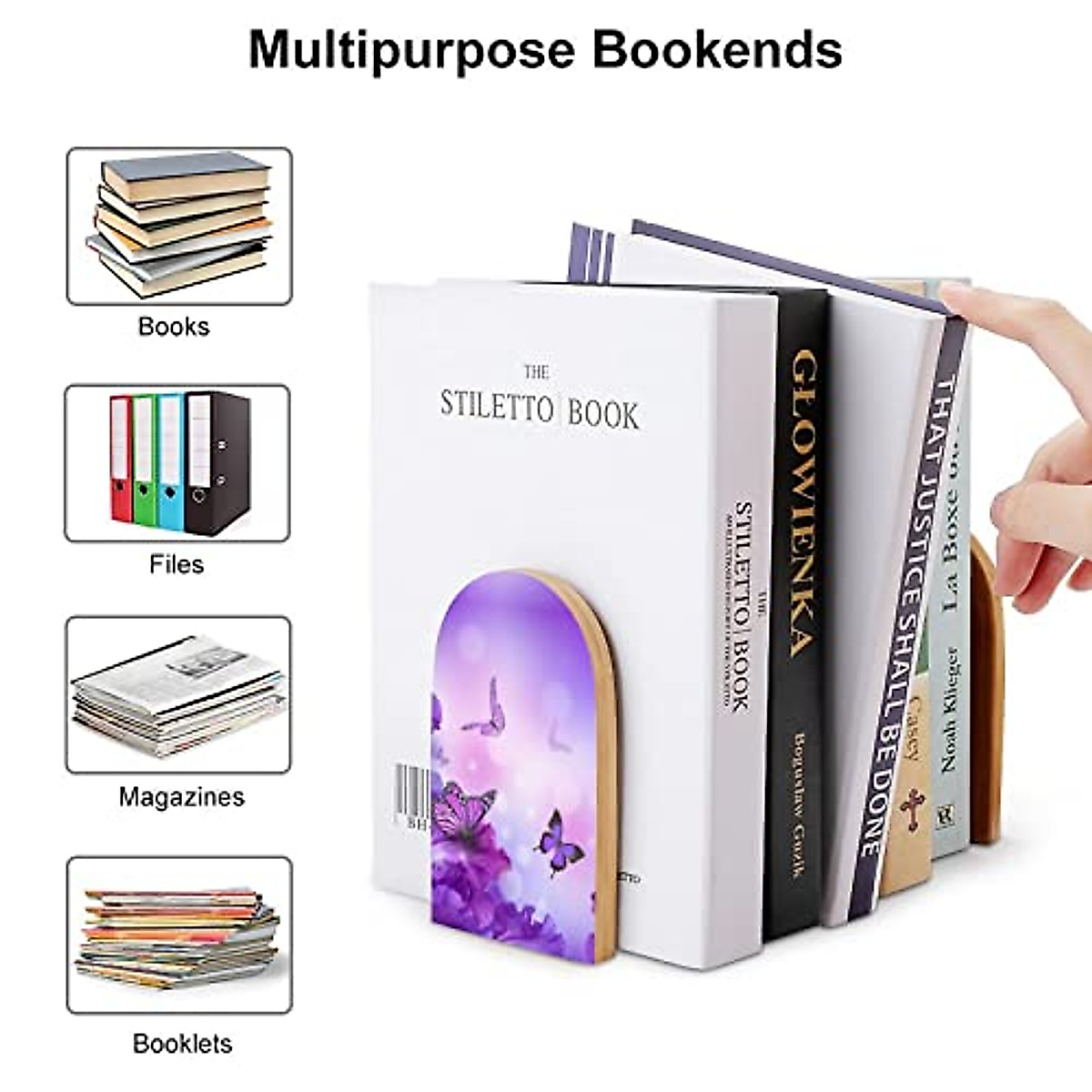 Hon-Lally Butterfly on Purple Flowers Pattern Wood Bookends Decorative Bookend Non-Skid Office Book Stand for Books Office Files Magazine