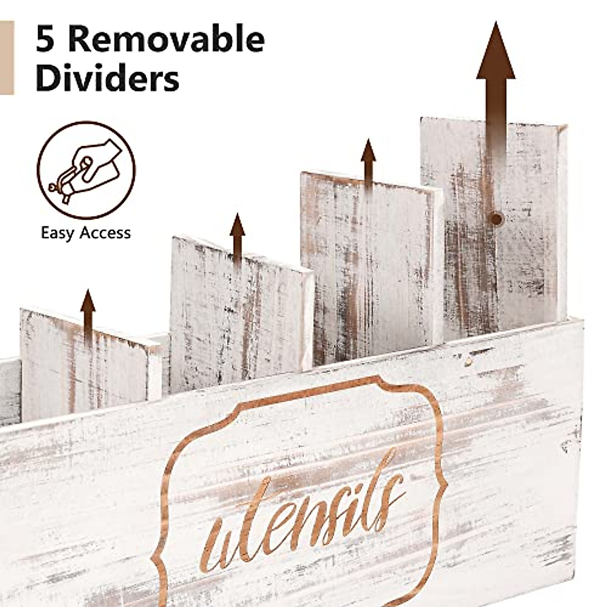 Yumkfoi Extra Large Utensil Holder with 4 Compartments, Wooden Farmhouse Utensil Organizer for Kitchen Counter, Rustic Cooking Utensil Holder Countertop Utensil Crock Spatula Holder (Distressed White)