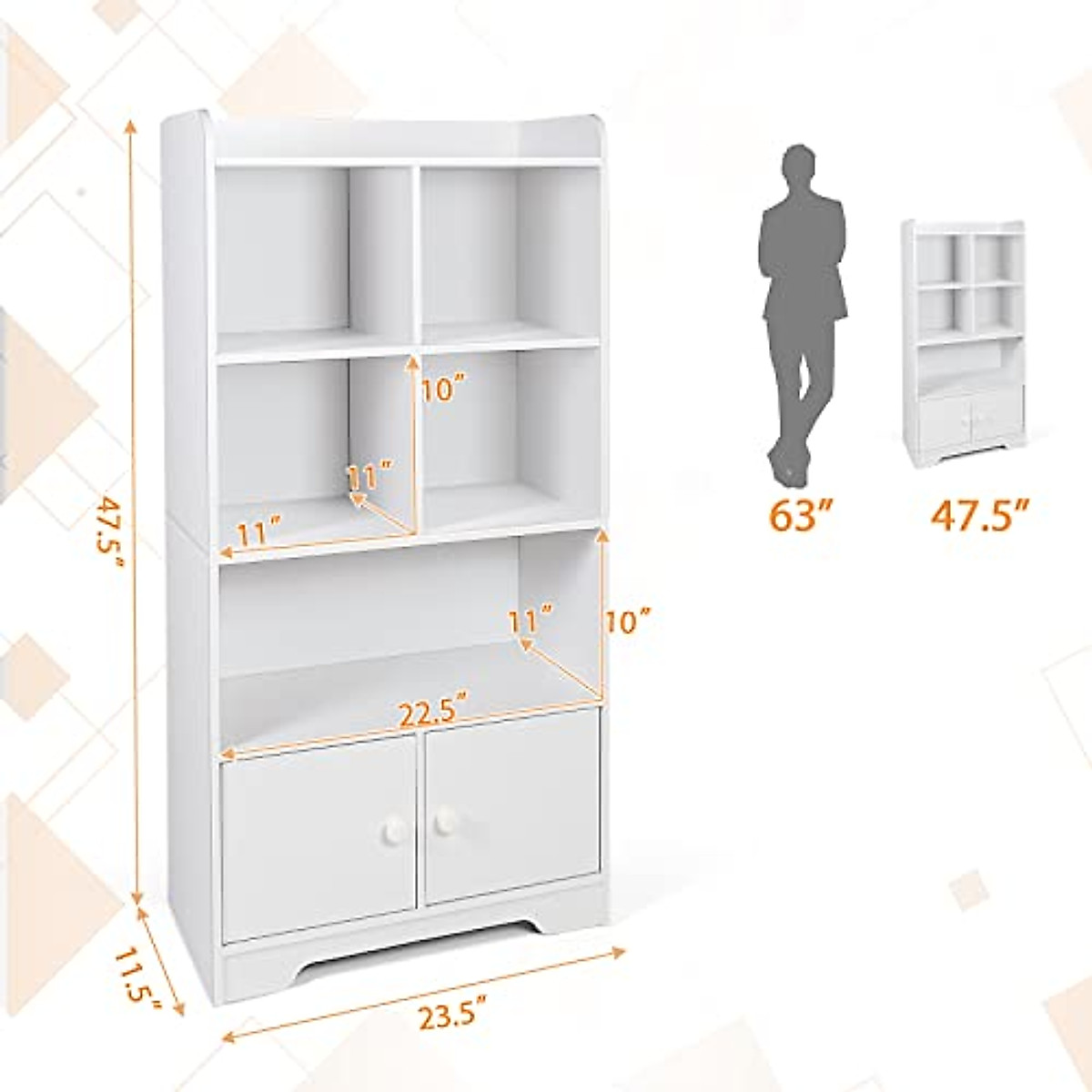 Giantex 4-Tier Bookcase with Doors, 47.5" Tall Freestanding White Bookshelf with 3 Shelves, 4 Cubes Storage Cabinet Organizer for Kids Room Office Living Room Bedroom Study