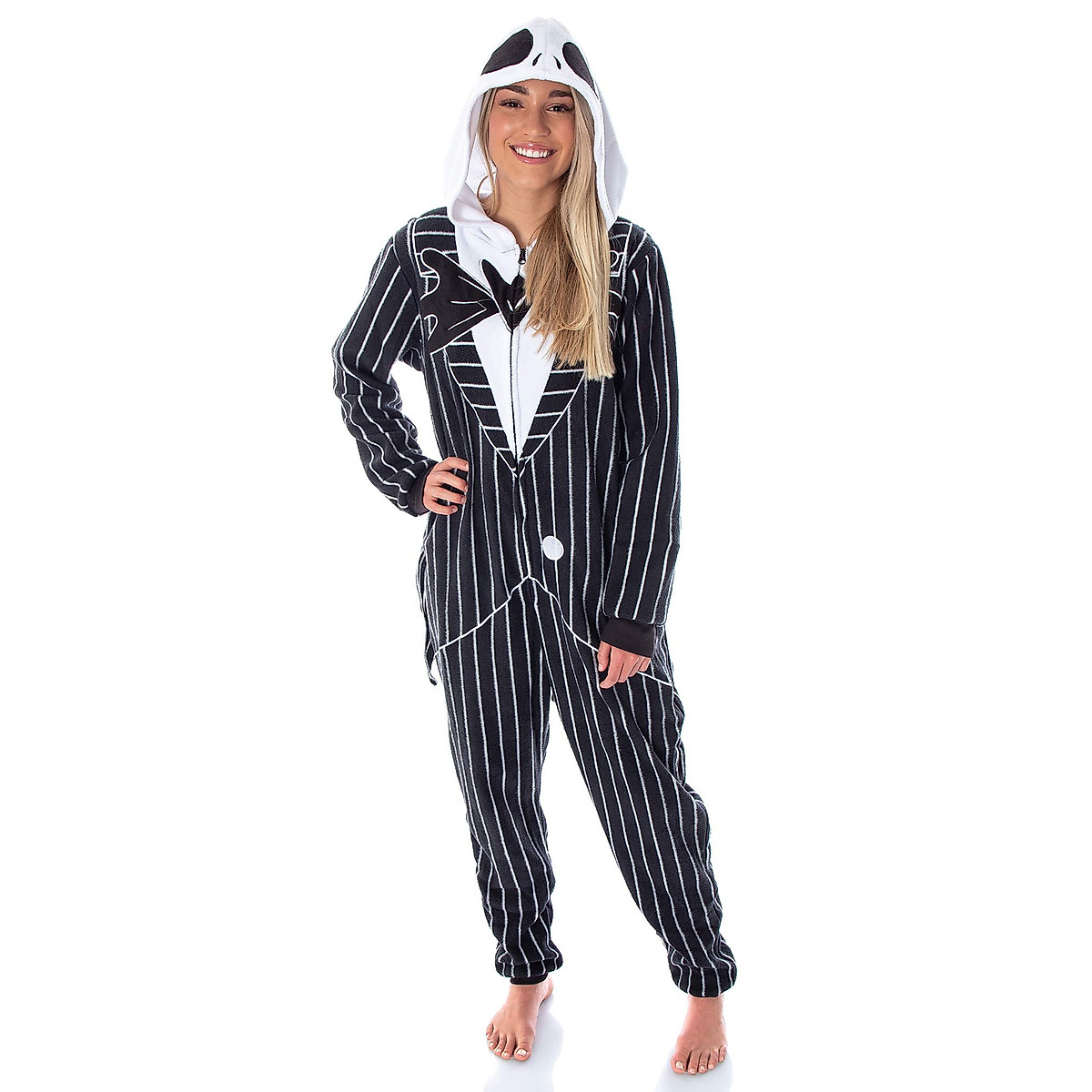 Nightmare Before Christmas Jack Skellington Costume Pinstripe Suit Pajama Outfit One-Piece Union Suit (Large) Black