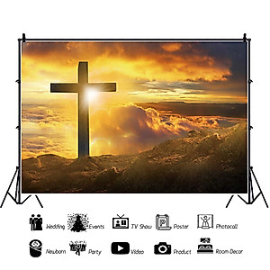 DORCEV 7x5ft Jesus Christ Cross Sunrise Photography Backdrop Mountain Top Sunset Glow Sky Background Holy Light Jesus Resurrection Christian Church Wallpaper Decor Props