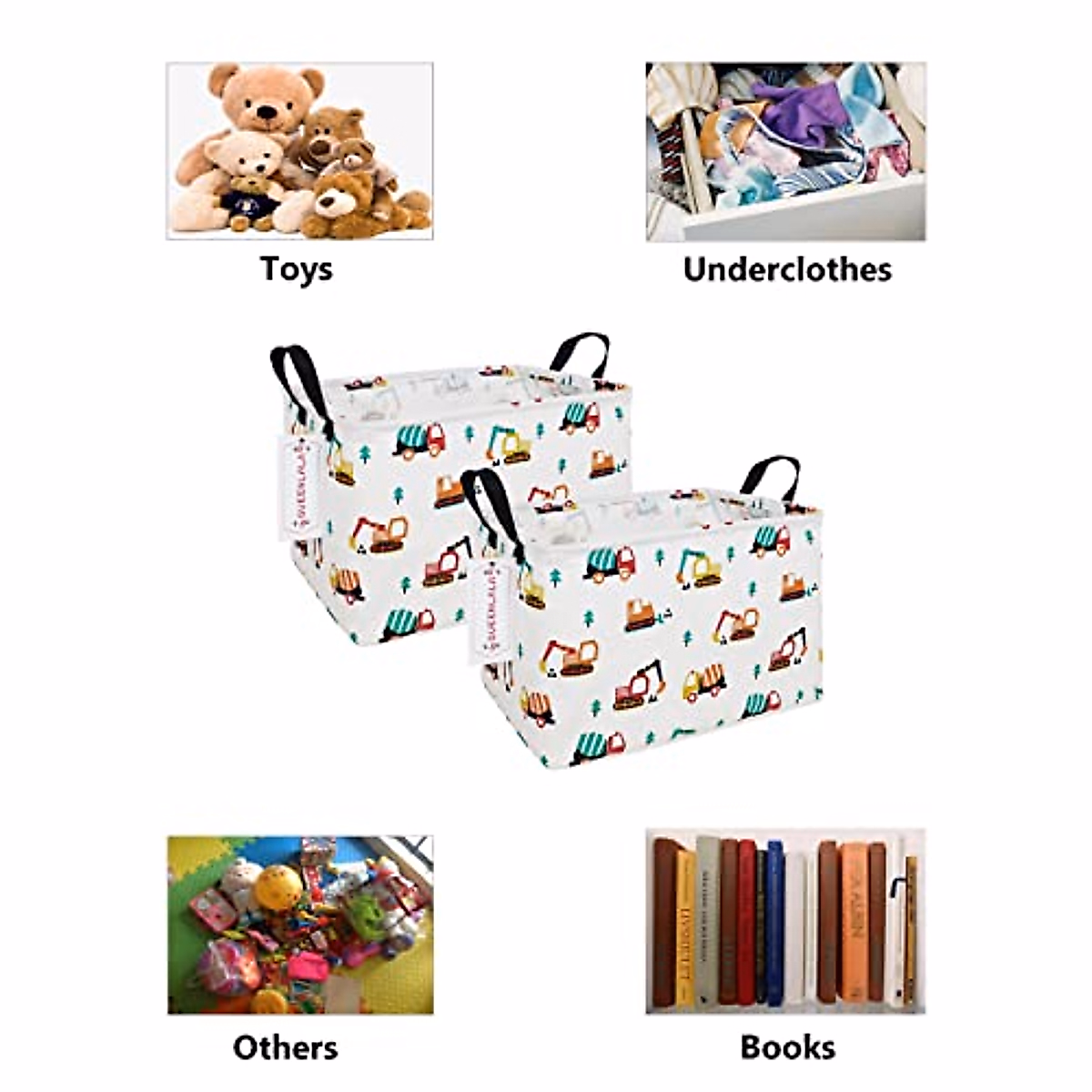 QUEENLALA 2 Pack Rectangular Large Storage Basket,Laundry Hamper,Office,HomeDecor,Canvas Fabric Laundry Basket（2Pack-Rec-Excavator）