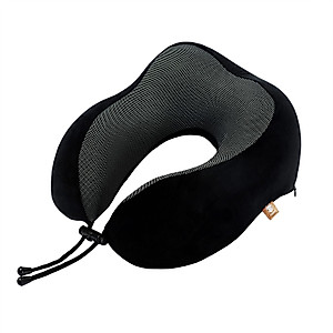Makimoo Memory Foam Travel Pillow, Neck Pillow with 360-Degree Head Support, Comfortable and Lightweight, Ideal for Sleeping on Airplane, Car, Train, Bus and Home Use, Comes with Storage Bag (Black)