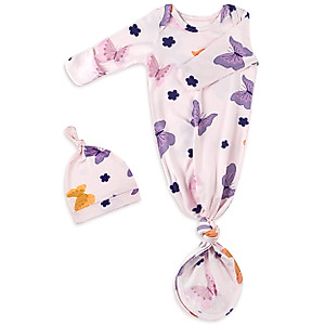 Newborn Baby Knotted Gown for Girls, Newborn Hospital Outfit with Mitten Cuffs, Super Soft Silky Infant Long Sleeve Gown with Tie Bottom