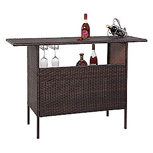 VINGLI Wicker Outdoor Bar Table with 2 Steel Shelves, 2 Sets of Rails, Rattan Patio Bar Table Outdoor Table with Storage for Backyard, Poolside, Garden