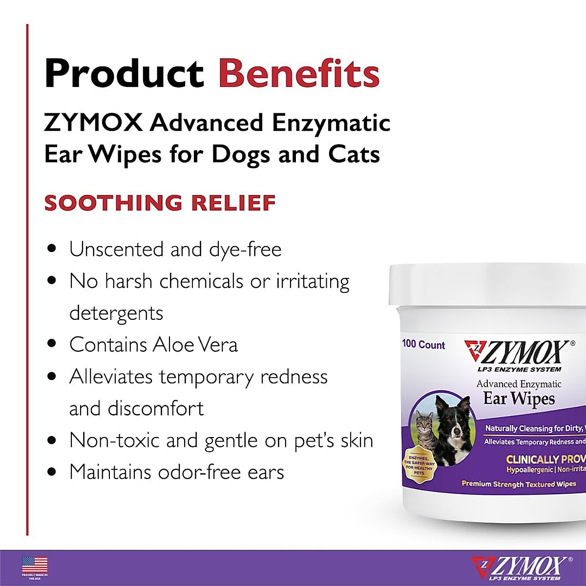 Zymox Advanced Enzymatic Ear Wipes for Dogs and Cats - for Dirty, Waxy, Smelly Ears - Premium Strength Ear Cleaner Wipes - Non-Irritating - Hypoallergenic - 100 ct
