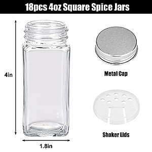 CUCUMI 18 Pcs Spice Jars with Labels, 4oz Empty Square Spice Bottles with Shaker Lids, Airtight Metal Caps, Collapsible Funnel, Chalk Pen, Seasoning Containers for Spice Rack, Drawer, Cabinet