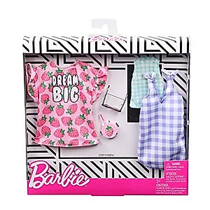 Barbie Clothes, 2 Outfits Doll Include a Strawberry-Print Dress, a Checked Dress and Top, Plus a Strawberry-Decorated Purse and Heart-Shaped Sunglasses, Gift for 3 to 8 Year Olds​