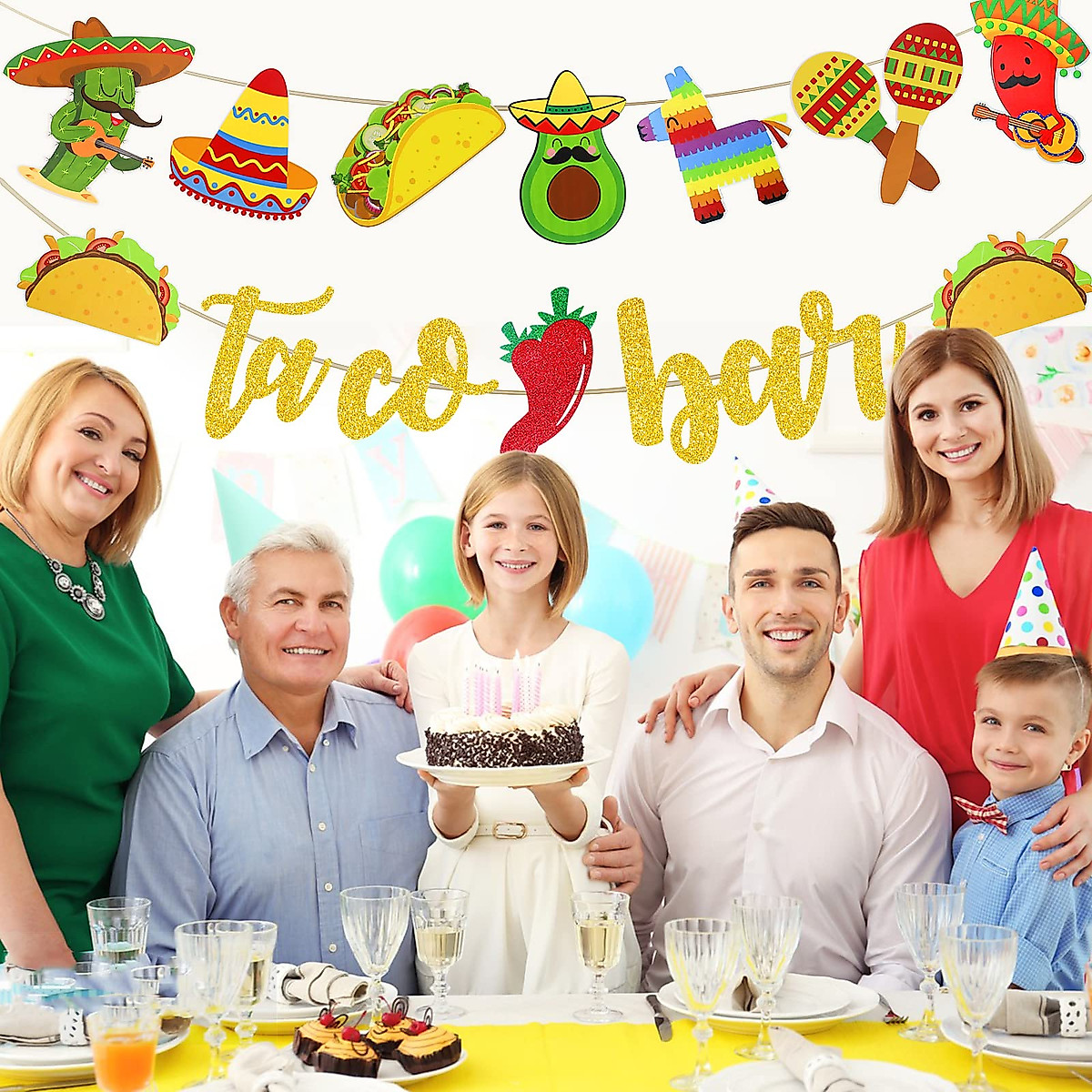 Rismise Fiesta Taco Bar Banner Garland 2 set Mexican Fiesta Party Banner with Cactus Donkey Maraca Sombrero Taco Pepper for Mexican Cinco de Mayo Fiesta Theme Party Decorations