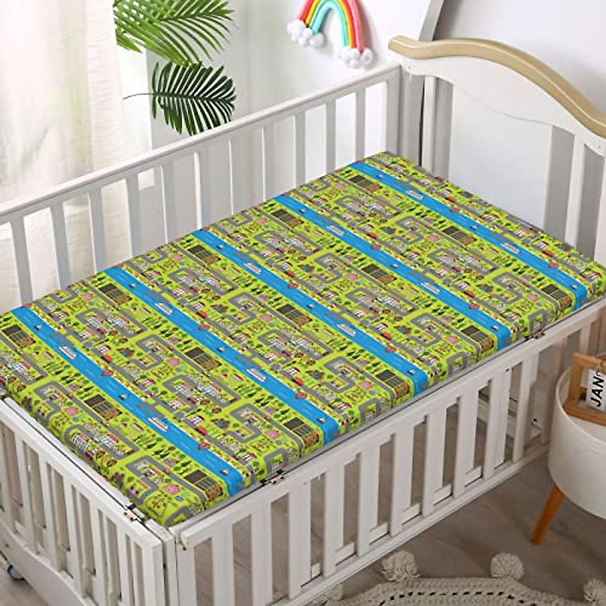 Car Race Track Themed Fitted Crib Sheet,Standard Crib Mattress Fitted Sheet Ultra Soft Material-Baby Sheet for Boys Girls, 28“ x52“,Multicolor