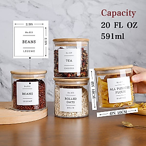 20 OZ Glass Food Storage Jars with 132 Pantry Labels Preprinted - 6 Pcs Thicken Glass Storage Containers with Airtight Bamboo Lid - Clear Kitchen Canister for Spice, Tea, Coffee, Sugar, Cookie, Candy
