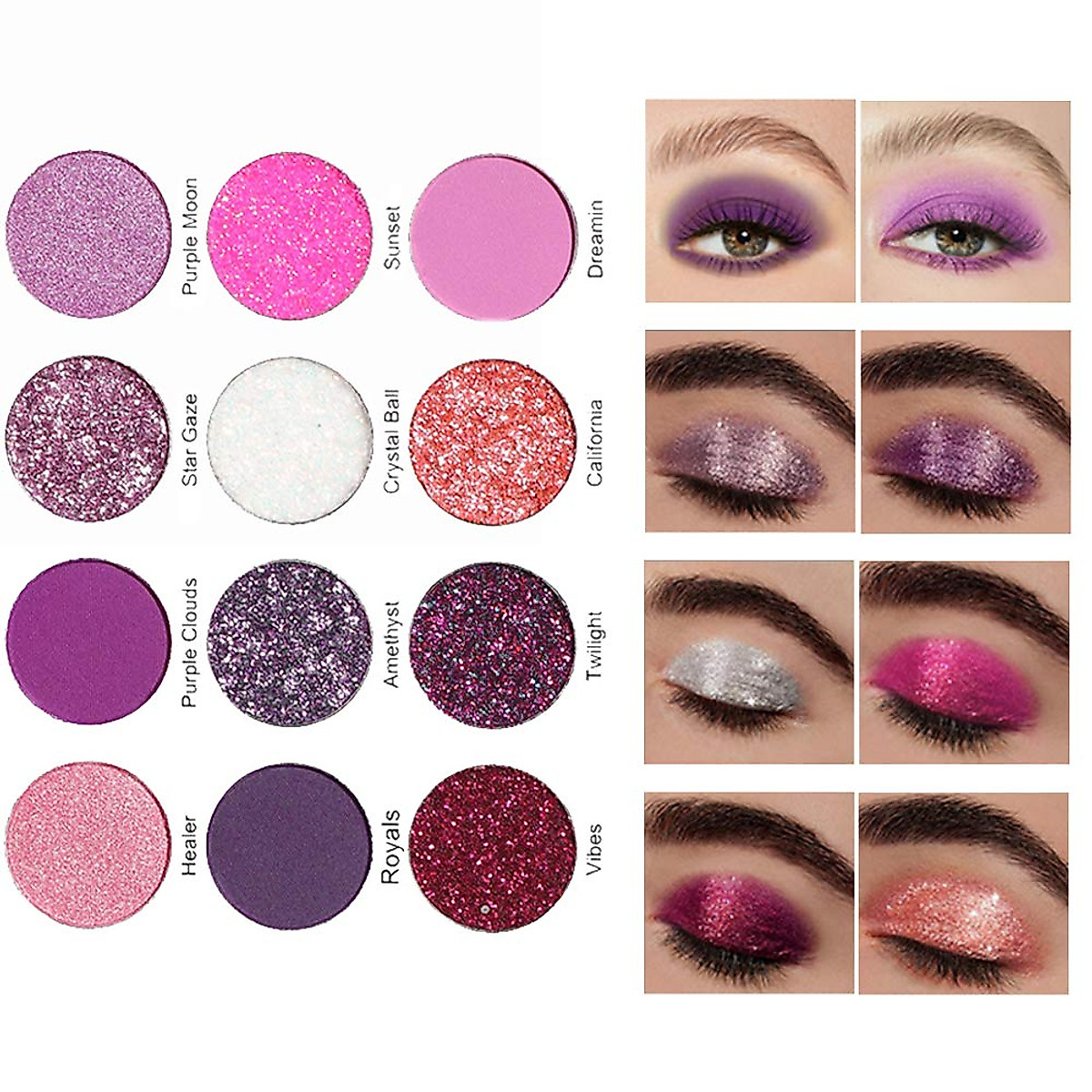 Glitter Purple Pink White Eye Eyeshadow Makeup Palette Pallets, 12Colors Dark Purple Bright High Pigmented sparkly Rainbow Colorful Pressed Glitter Bling Eyeshadow Eye Glitter Makeup Palette