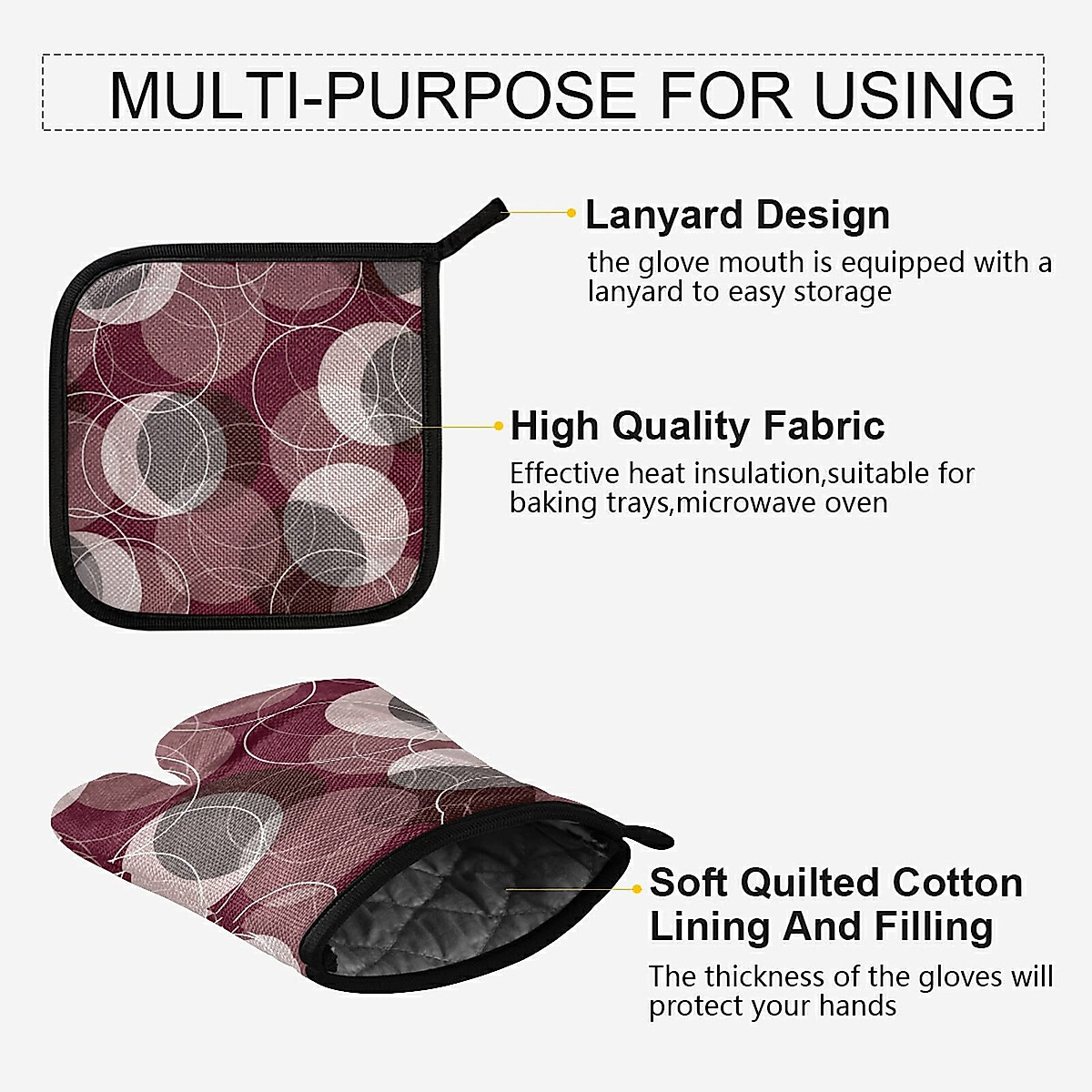 Poeticcity Retro Rings Maroon Grey Fuchsia Circles Oven Mitts Pot Holders Sets, Potholder Hot Pads Heat Resistant Kitchen Oven Gloves for Cooking Baking Grilling Barbecue