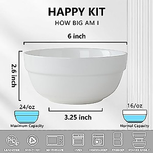 HAPPY KIT 6" Ceramic Soup Bowls, Cereal Bowls Set of 6, 24OZ White Bowls for Kitchen, Serving Bowls for Cereal Soup Rice Pasta Salad Oatmeal, Thick-edge Non-slip Design