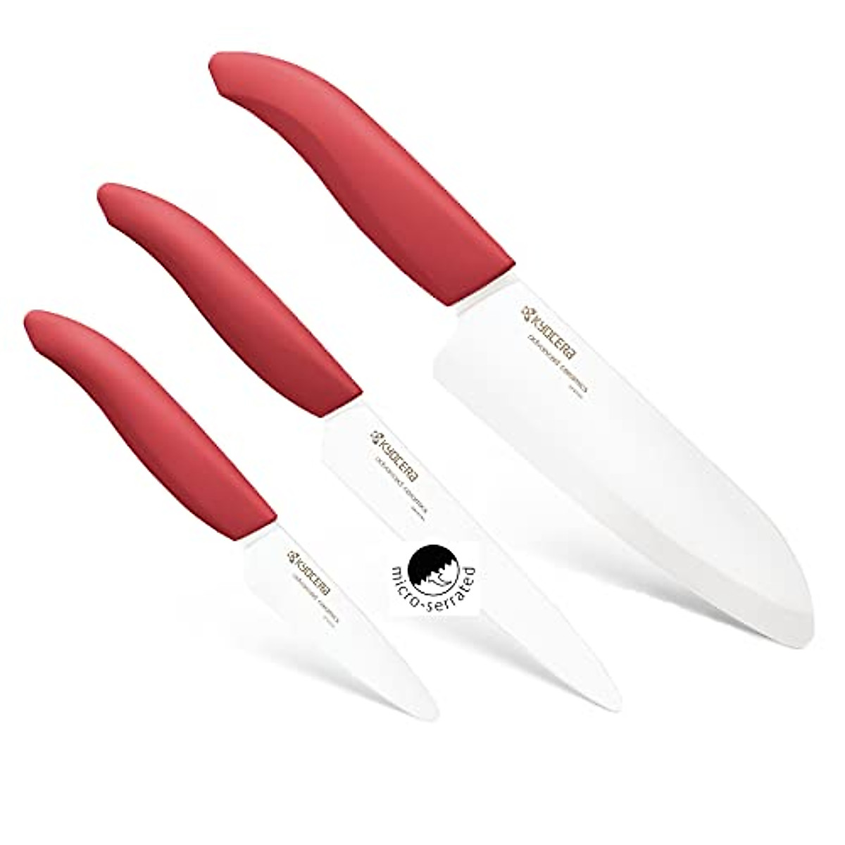 Kyocera 3-Piece Ceramic Knife Set: Includes 6-inch Chef's Knife, 5-inch Micro Serrated Knife, and 3-inch Paring Knife - Red Handles with White Blades