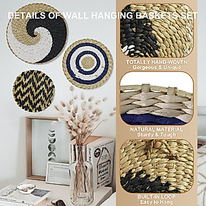 Woven Wall Basket Decor, Set of 3 Boho Hanging Baskets Wall Decor, Round Handmade Rustic Rattan Decorative Baskets, Handcrafted Wall Art Decor for Living Room, Bedroom, Dining Room, Farmhouse,etc.
