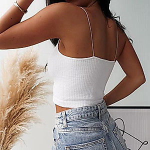 Women’s Sexy V Neck Lace Crop Tops Ribbed Knit Crochet Camisole Cami Crop Tank Tops Sleeveless Camisole Clubwear Vest White