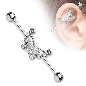 CZ Butterfly Rose Gold IP Surgical Steel Industrial Barbell Piercing 14g 1/2" - Clear