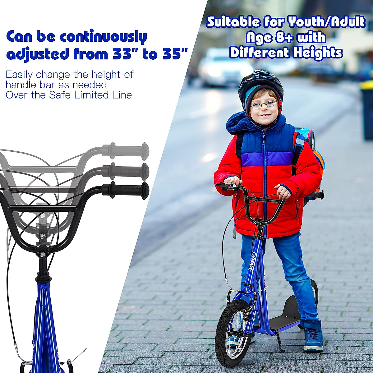 GYMAX Scooter, Kids & Adults Off-Road Scooter with 12" Inflatable Wheels, Adjustable Height Handlebar, V-Type Handbrakes & Axle Pegs for All Terrain, 8+ (Blue)