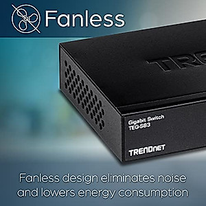 TRENDnet 8-Port Gigabit Desktop Switch, TEG-S83, 8 x Gigabit RJ-45 Ports, Ethernet Splitter, 16Gbps Switching Capacity, Fanless Design, Metal Enclosure, Lifetime Protection, Black