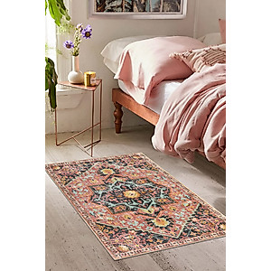 Lahome Washable Hot Pink Kitchen Rugs 2x3 Small Entryway Rug, Bathroom Rugs Non Slip, Bohemian Floral Soft Rubber Backing Low-Pile Indoor Printed Throw Floor Carpet for Bedside Laundry Door