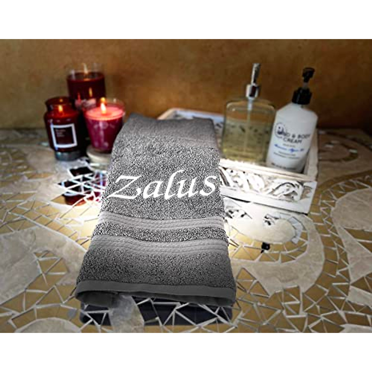 Liberty21 Luxury Embroidered Bath & Hand Towels, 100% Cotton. Custom Monogrammed Personalized Embroidered Towels. Set Includes 1 Bath Towel and 1 Hand Towel. (Grey)