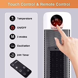 HAUSHOF 1500W Tower Space Heater, 1-24h Timer Digital Ceramic Heater with Touch& Remote Control, Overheat Protection, Safe for Home Office