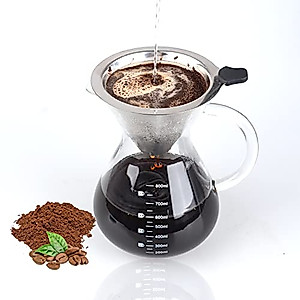 T-mark Pour Over Coffee Maker with Reusable Double-layer Stainless Steel Filter, 800ml/27oz BPA-Free Glass Coffee Carafe, Glass Coffee Maker, Coffee Dripper Brewer