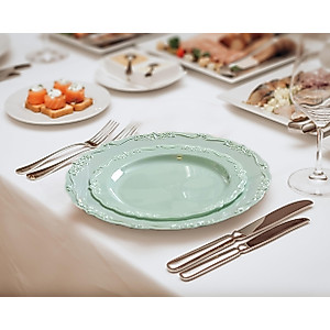 Posh Setting Disposable Plastic Plates Set, Vintage Party Plates, Light Green/Sage 60 Pack (30 Guest) 30 x 10.25 Dinner & 30 x 7.25 Salad/Dessert Plate