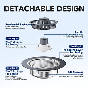 3 in 1 Kitchen Sink Drain Strainer, Pop Up Kitchen Sink Stopper with Basket, Stainless Steel Sink Strainer Kitchen Drain Plug, Anti-Clogging, Anti-Odor, for US Standard 3-1/2 Inch Drain
