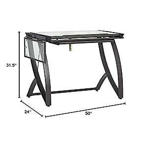 SD STUDIO DESIGNS Futura Luxe Drawing, Drafting, Craft Table with Drawer, 35" Wide Angle Adjustable Top and Side Shelf, Pewter Grey/Clear Glass