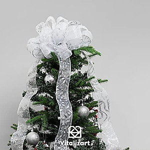 Vitalizart Christmas Ribbon Sliver Wired Organza Sheer Ribbon 2.5 Inch x 10 Yards Glitter Snowflake for Tree Decoration Gift Wrapping Crafts Wreath Topper Bow Wedding Invitations Bridal Bouquets