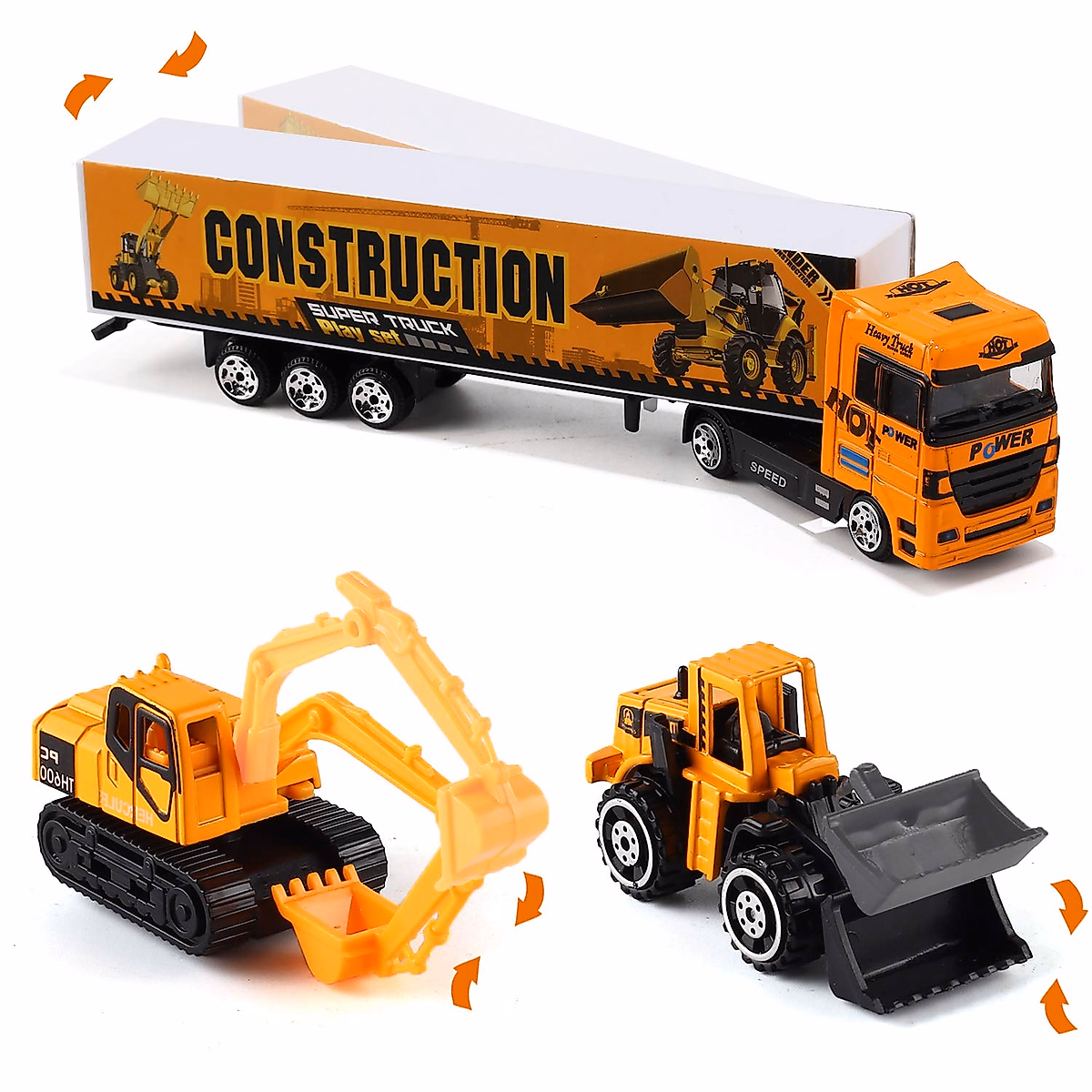 19 in 1 Construction Truck with Engineering Worker Toy Set, Mini Die-Cast Engine Car in Carrier Truck, Double Side Transport Vehicle Play for Child Kid Boy Girl Birthday Christmas Party Favors