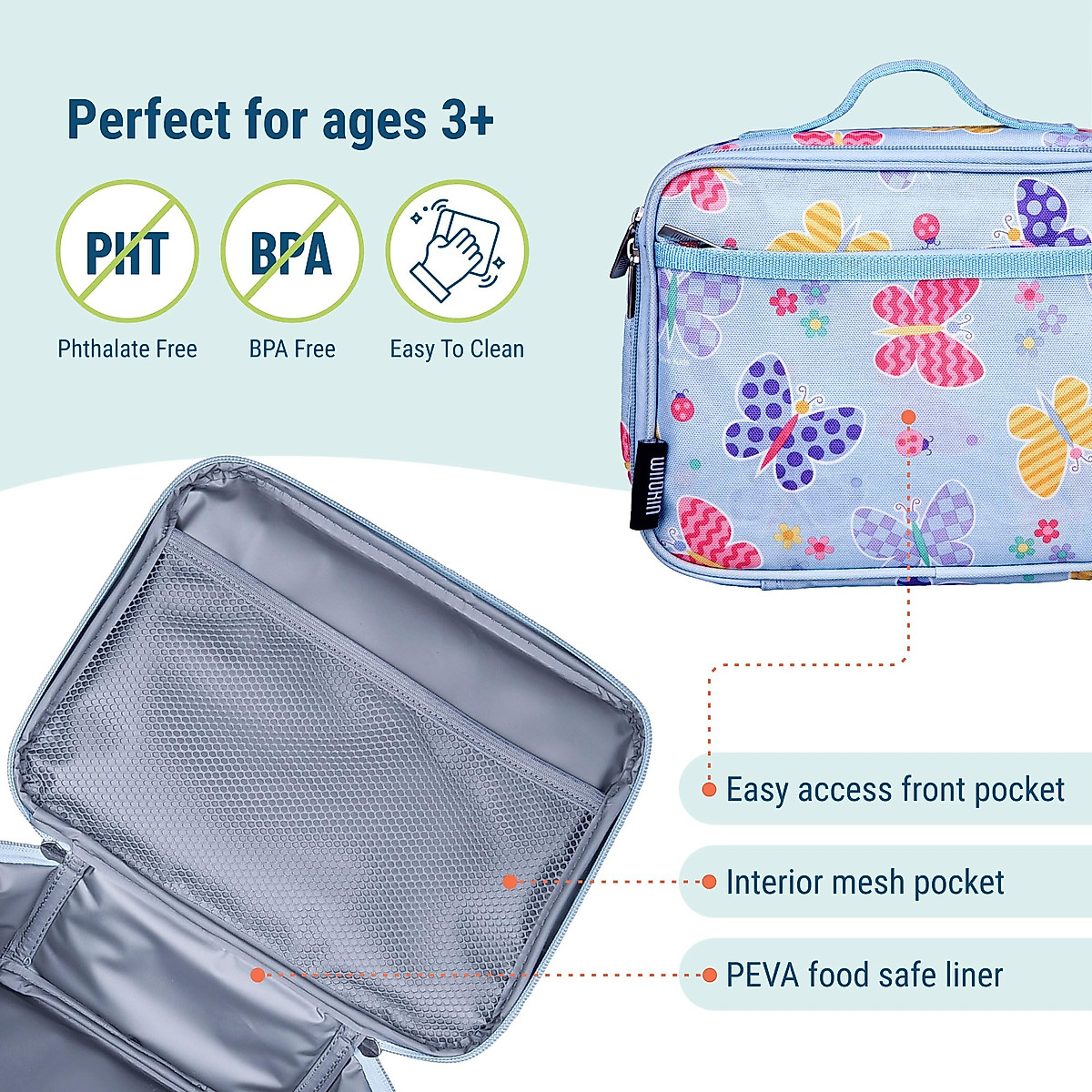 Wildkin Kids Insulated Lunch Box – Durable and Reusable for School & Travel - Butterfly Garden