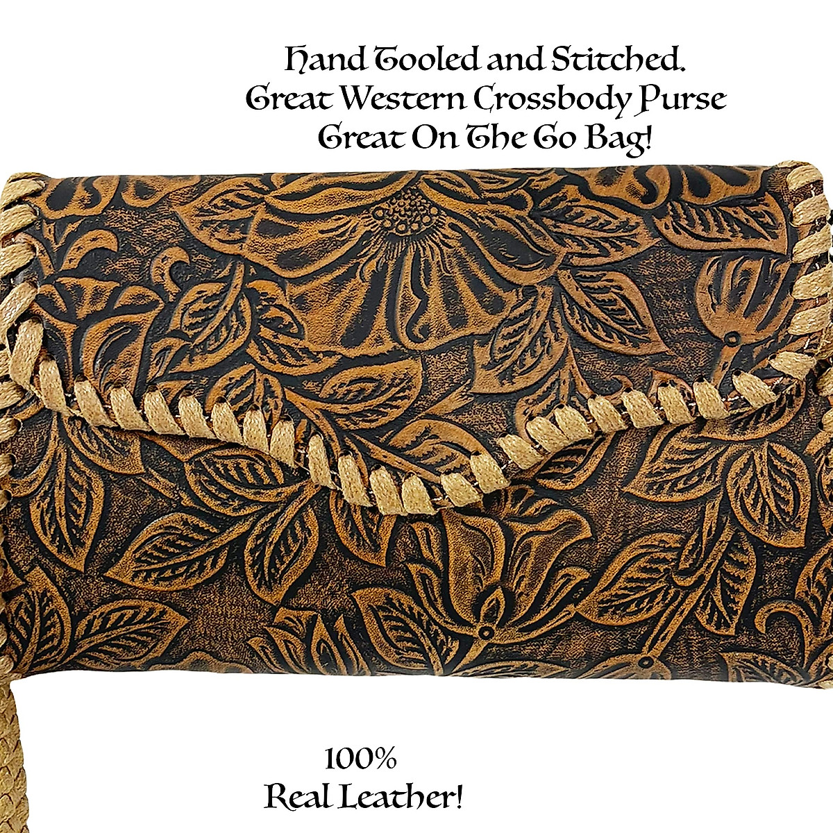 Urbalabs Western Crossbody Purse Cowgirl Handbag Genuine Leather Floral Tooled Flap Clasp Tote Bag Women Hand Stitched (Light Brown)