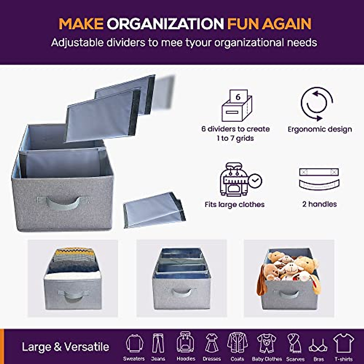 Large Linen Jeans Organizer for Closet with 6 Removable Dividers and 2 Handles for up to 7 Grids - Foldable Wardrobe Clothes Storage Organizer for Folded Clothes: Jeans, Pants, Sweaters (2 Pack)