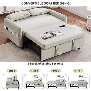 Merax 55.1" W Convertible Sofa Bed with Adjustable Backrest,2 Pillows,USB Ports and 6 Storage Side Pockets,Pull-Out Sleeper Sofabed Microfiber Loveseat Couch for Living Room, Bedroom, Apartment,Beige