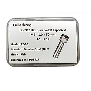 Fullerkreg M6-1.0 x 50MM Socket Head Cap Screws, Allen Socket Drive, Din 912, AISI 304 Stainless Steel (18-8), Full Thread, Bright Finish, Machine Thread, Quantity 10