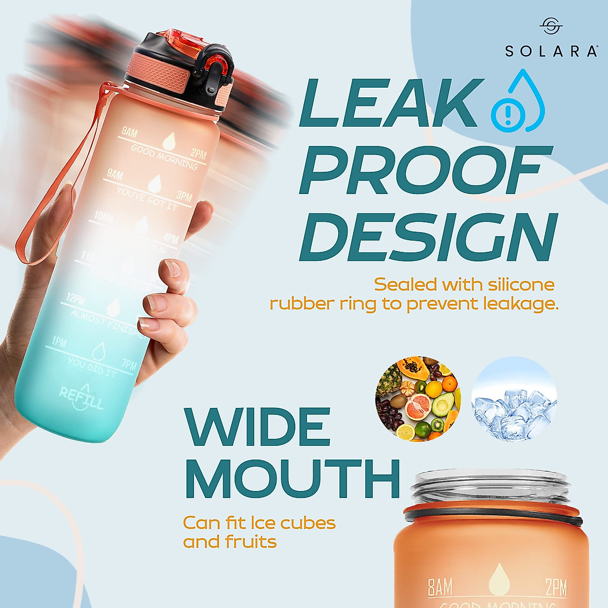 SOLARA 32oz Motivational Water Bottle with Times to Drink, Water Bottle with Straw, Water Bottle for Gym, Office | BPA Free Tritan Water Bottle with Motivational Quotes | Orange Teal