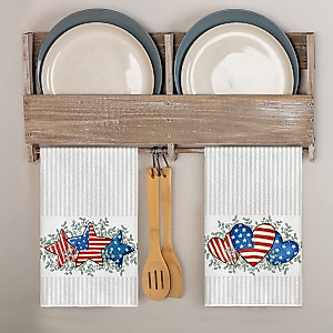 Artoid Mode Stripes Eucalyptus Leaves American Flag Stars Heart Veterans Day Kitchen Towels Dish Towels, 18x26 Inch Decoration Hand Towels Set of 2