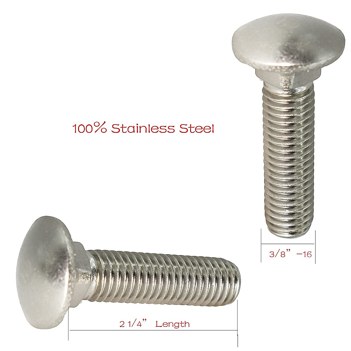 (10pc) Stainless Steel Carriage Bolt (3/8"-16 Coarse Thread x 2-1/4" Length) by SANTIE