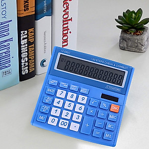 Office Desk Calculator 12 Digits with Solar Power and Easy to Read HD LCD Display, Big Buttons, for Financial Affairs,Home, Office, School, Class and Business,with Battery,Blue