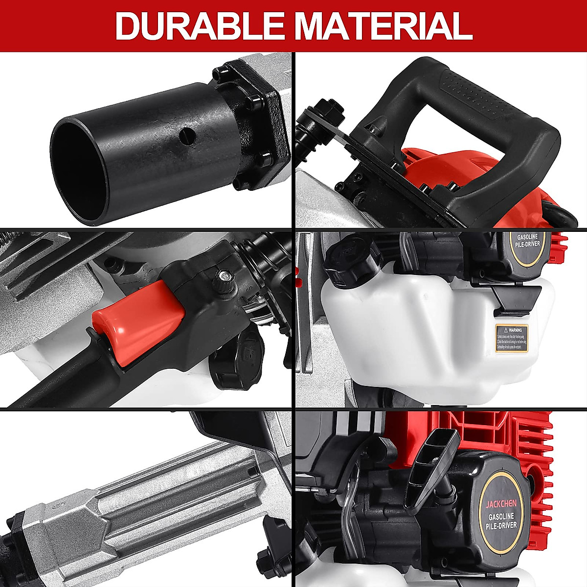 52CC Gas Powered T-Post Driver, JACKCHEN 1900W Two Stroke Garden Fencing Tool Farm Piling Driver, Air Cooling Single Cylinder Gasoline Petrol Garden Fencing Tool Machine with 2 Post Driving Head