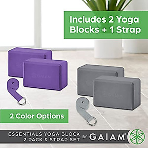 Gaiam Essentials Yoga Block 2 Pack & Yoga Strap Set, Deep Purple, 9" W x 6" H x 4" D