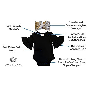 Lotus Lane Baby Onesie Black Onesie Bell Sleeve Romper Flared Ruffle Bodysuit Stretchy Big Bow Headband Outfit