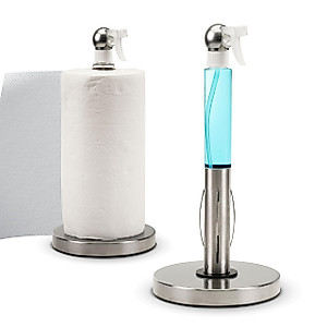 Everyday Solutions Spray Bottle Paper Towel Holder - Space Saving Countertop Paper Towel Roll Holder w/ Hidden Removable 7oz Spray Bottle - Rust-Resistant Stainless Steel & Reusable Heavy Duty Plastic