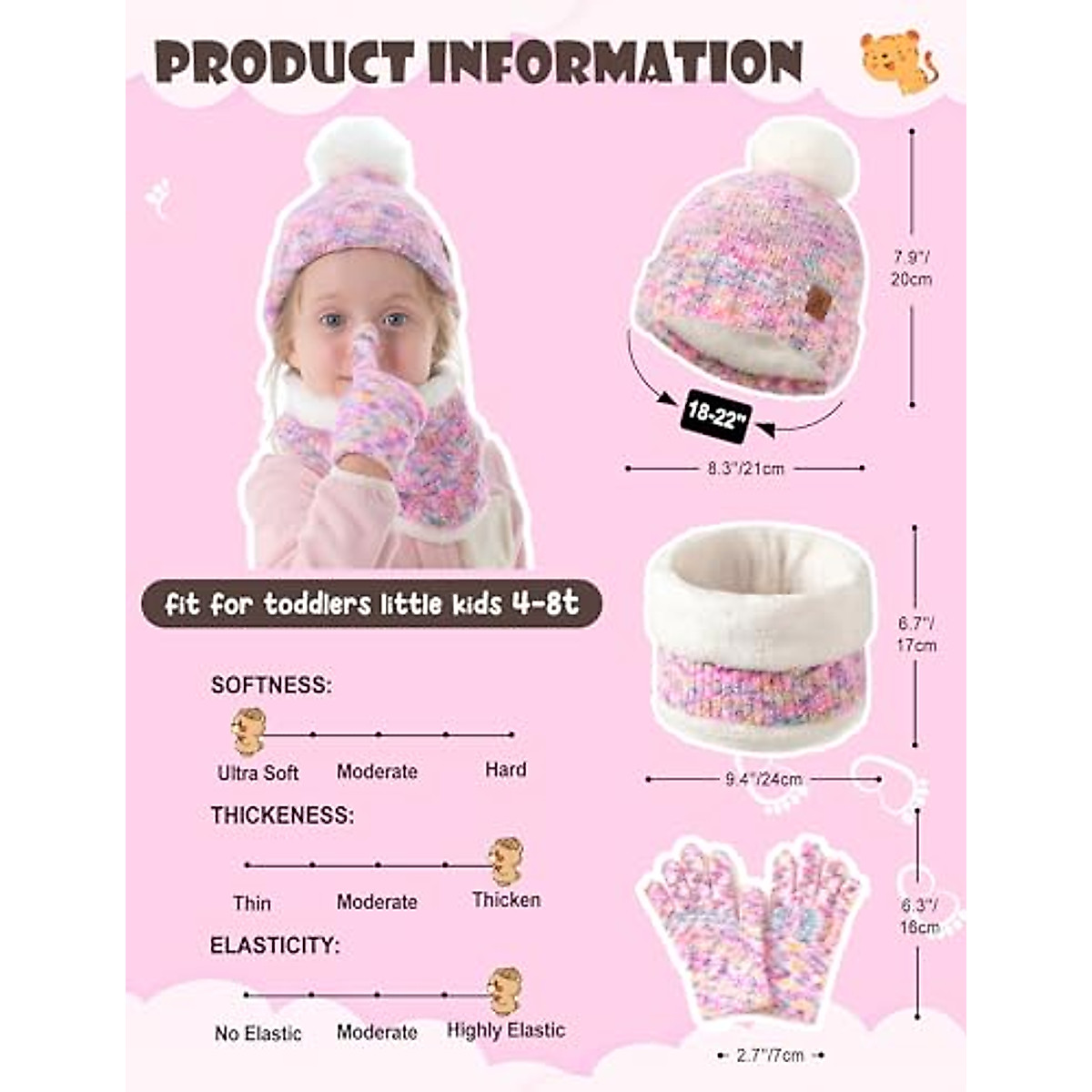 Kids Hat Scarf Gloves Set Girl Ages 3-5 4-6, Toddler Winter Fleece Lined Beanie Hats Mittens 2t Boys Baby 6-12 9 12-18 Months